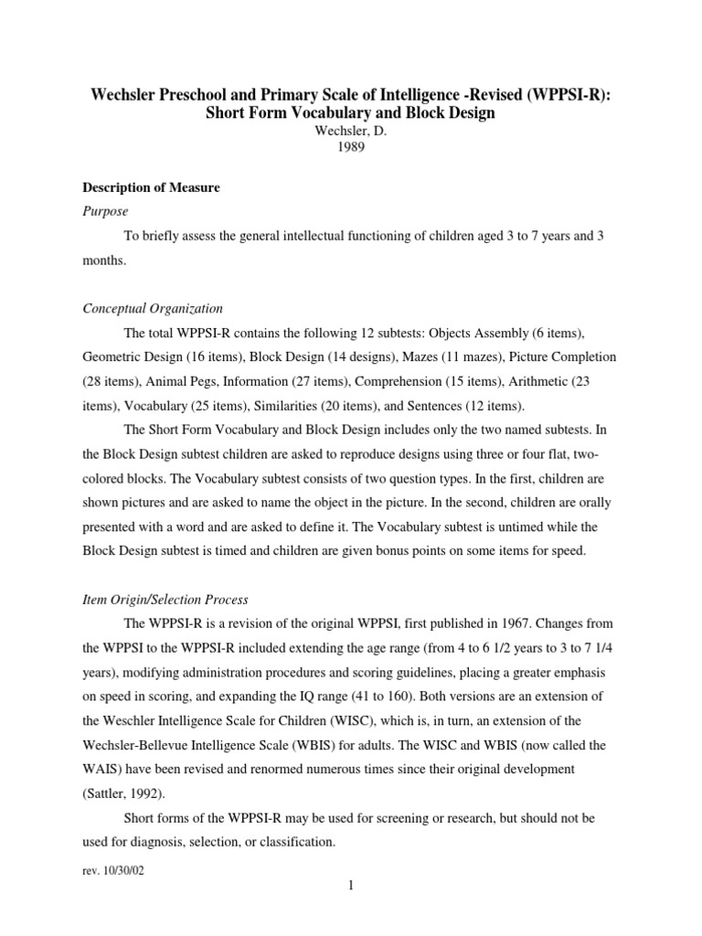Wechsler Preschool and Primary Scale of Intelligence - Revised (WPPSI-R ...