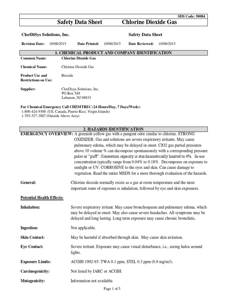 ClorDiSys SDS Chlorine-Dioxide-Gas | PDF | Chlorine | Firefighting