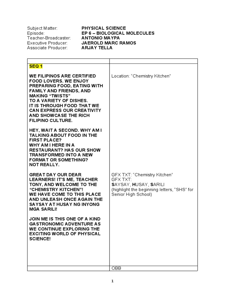 SHS Physical Science Script EP 6 Biomolecules FINAL REVISED | PDF ...