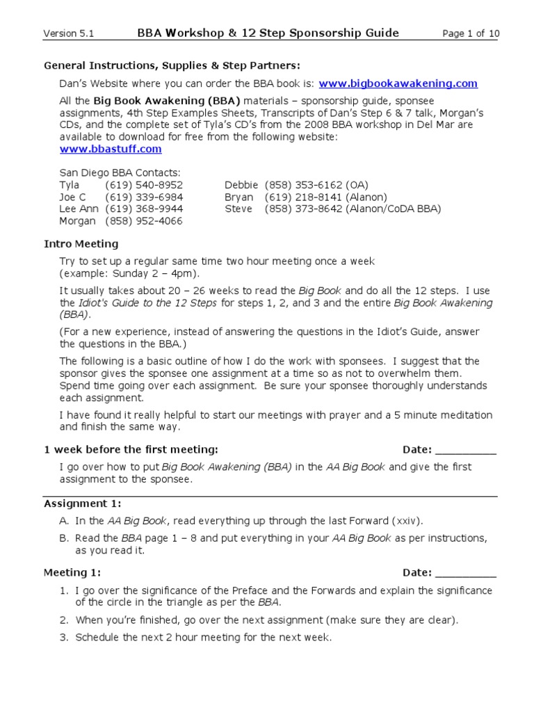 BBA Workshop & 12 Step Sponsorship Guide: General Instructions ...
