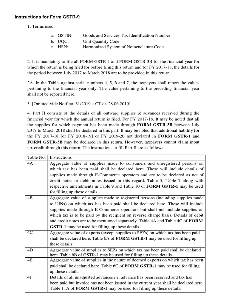 Instructions GSTR-9 | PDF | Tax Credit | Taxes