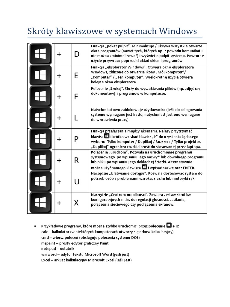 Skróty Klawiszowe W Systemach Windows | PDF Skróty Klawiszowe W Systemach Windows | PDF