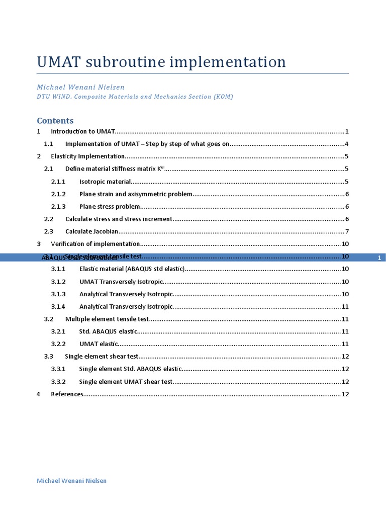 UMAT Subroutine Implementation: Michael Wenani Nielsen | PDF | Stress ...