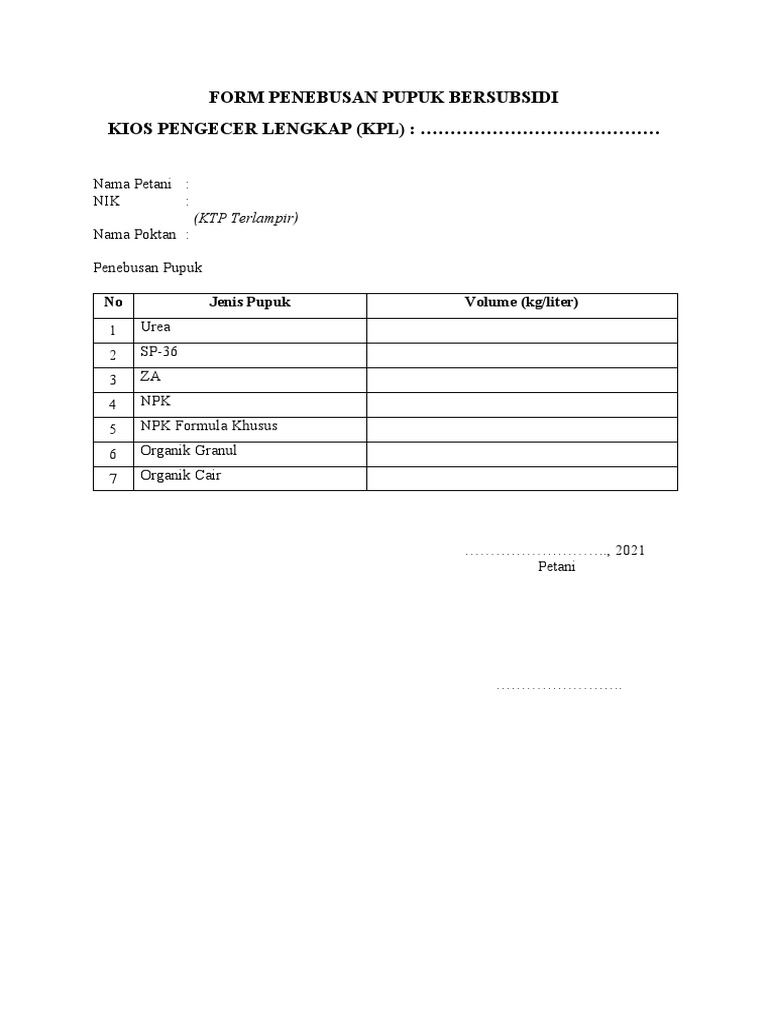 Form Penebusan Pupuk Bersubsidi | PDF