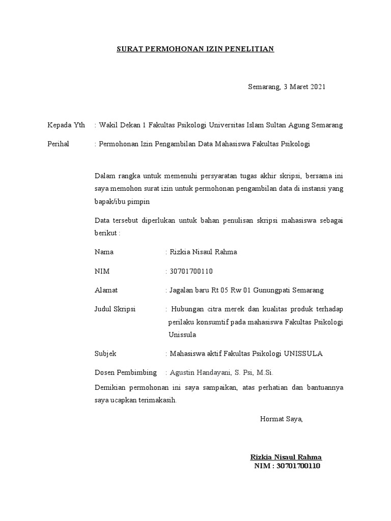 Surat Permohonan Izin Penelitian | PDF