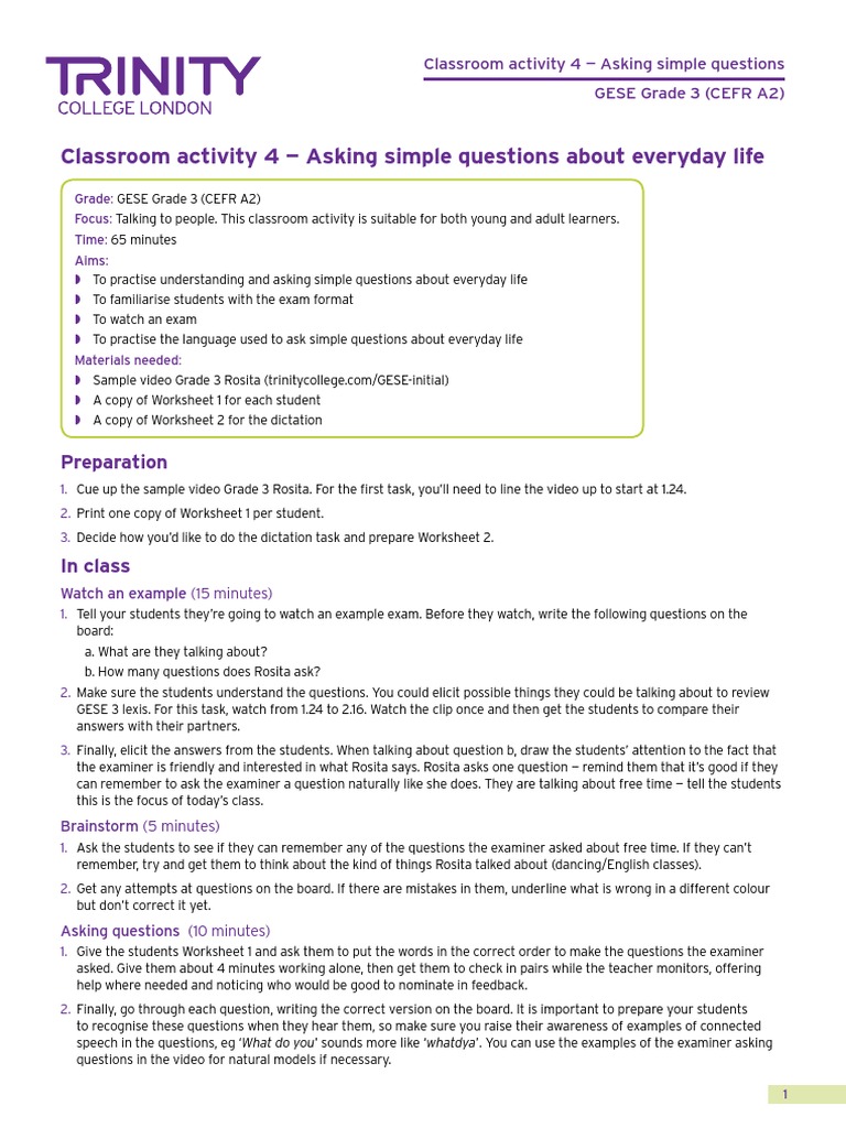 GESE G3 - Classroom Activity 4 (Adult Learners) - Asking Simple ...