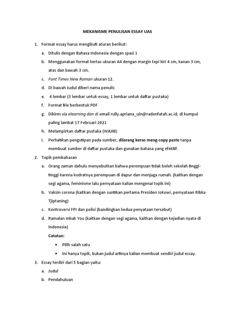 Mekanisme Penulisan Essay Uas Uin | PDF | Seni & Disiplin Bahasa