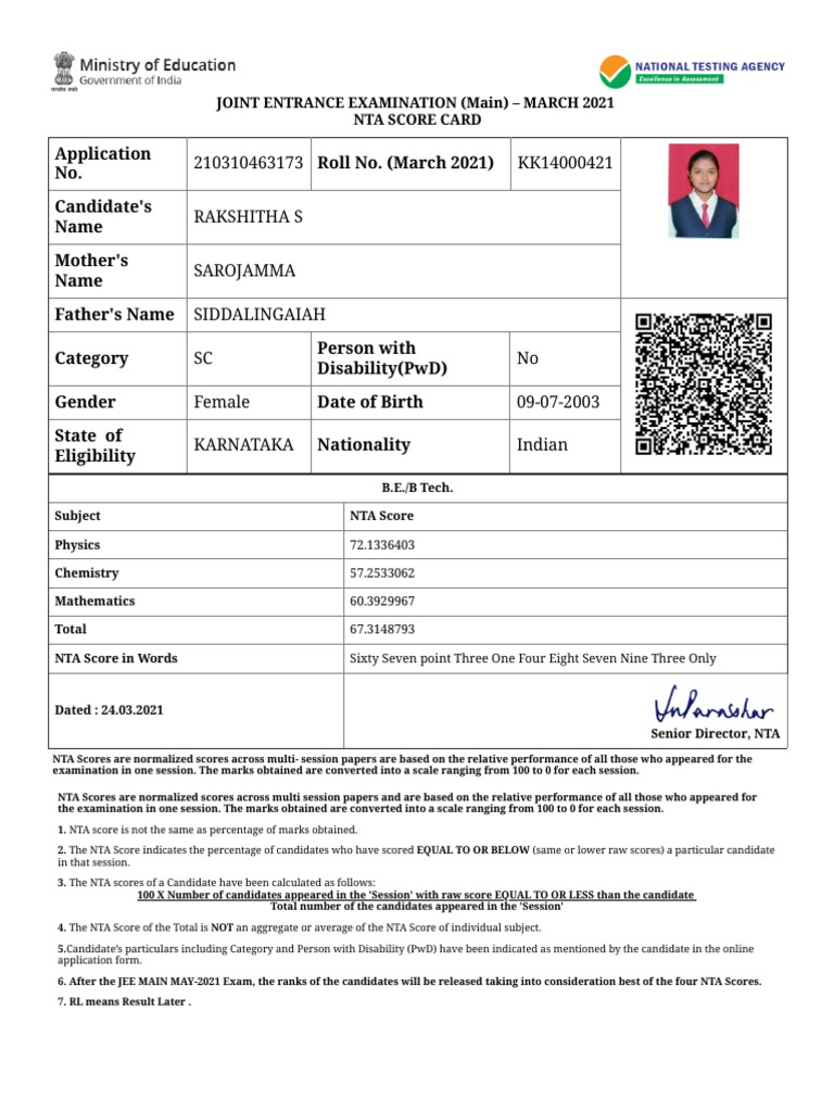 NTA SCORE CARD FOR RAKSHITHA S FOR JEE MAIN EXAM MARCH 2021 | PDF ...