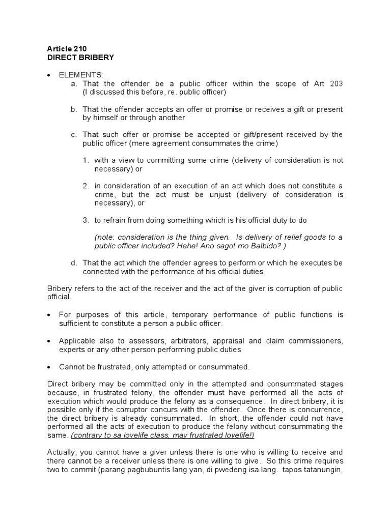 Article 210 Direct Bribery | Download Free PDF | Bribery | Consideration