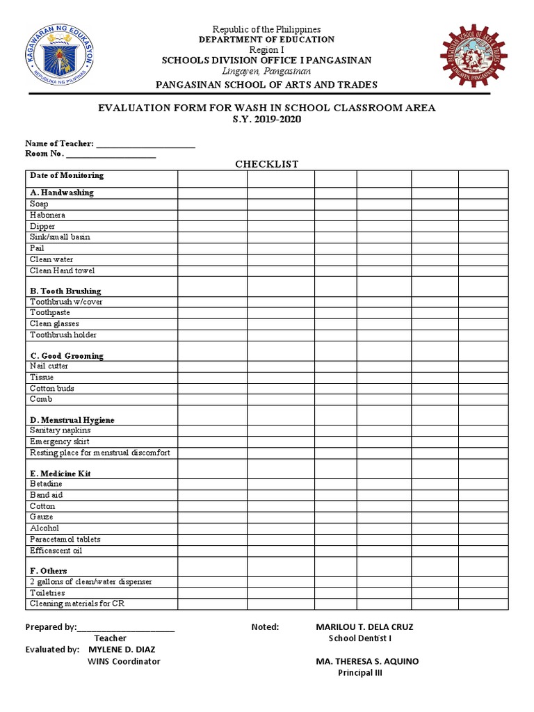 Evaluation Form For Wash in School Classroom Area S.Y. 2019-2020 | PDF