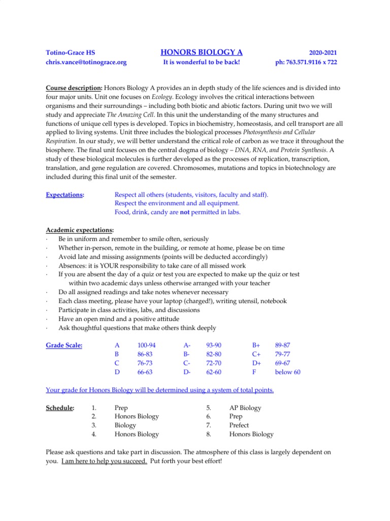 An Introduction to Honors Biology A: Ecology, Cell Structure and ...