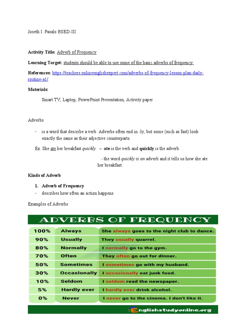 Adverb of Frequency Activity Guide | PDF | Adverb | Verb