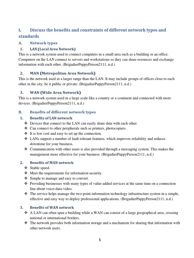 I. Discuss The Benefits and Constraints of Different Network Types and ...