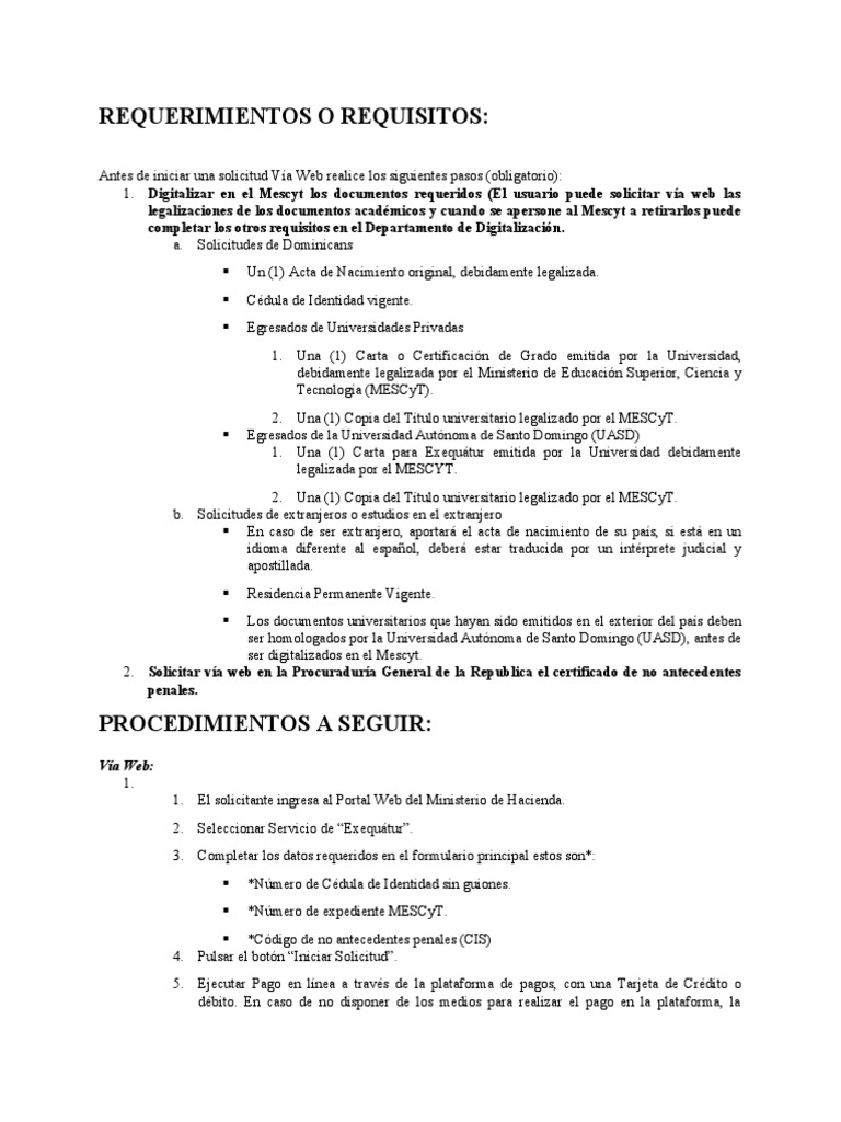 Requerimientos o Requisitos Exequatur Contabilidad | PDF | Certificado ...