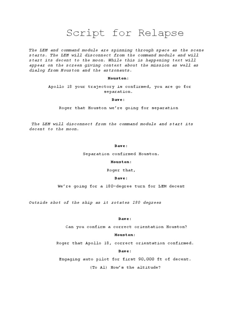 Apollo 18: Relapse Script | PDF | Apollo Lunar Module | Spaceflight ...