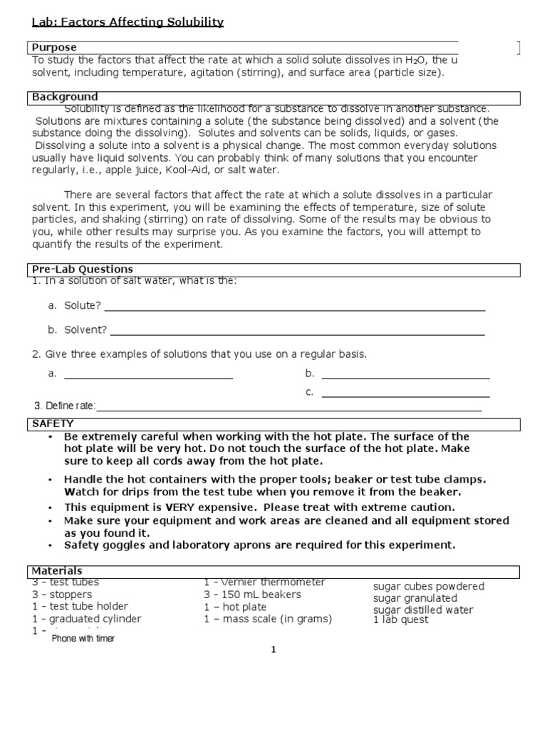 Factors Affecting Solubility Lab | PDF | Solution | Solubility