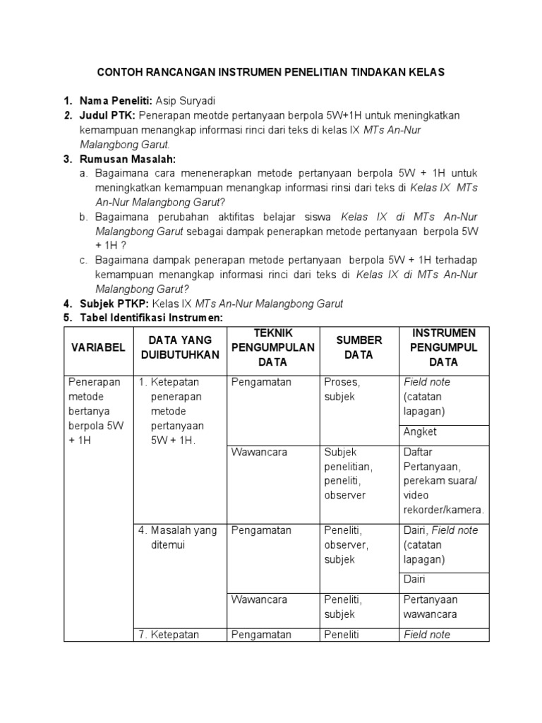 Contoh Rancangan Instrumen Penelitian Tindakan Kelas | PDF