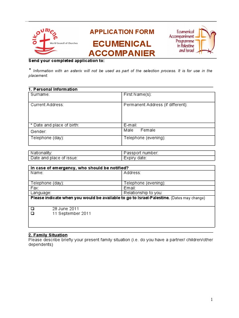 Ecumenical Accompanier: Application Form | PDF | Hebrew Language ...