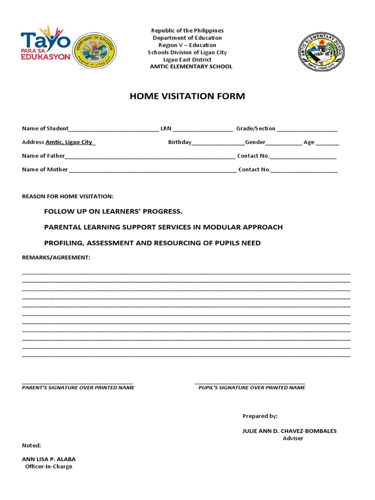 Sample Home Visitation Form 2 | PDF | Behavior Modification | Human Nature
