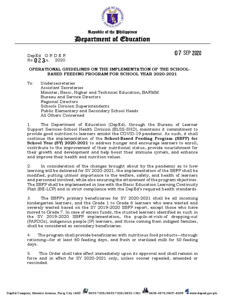 DepEd Order No. 23. S. 2020 | PDF | Milk | Malnutrition