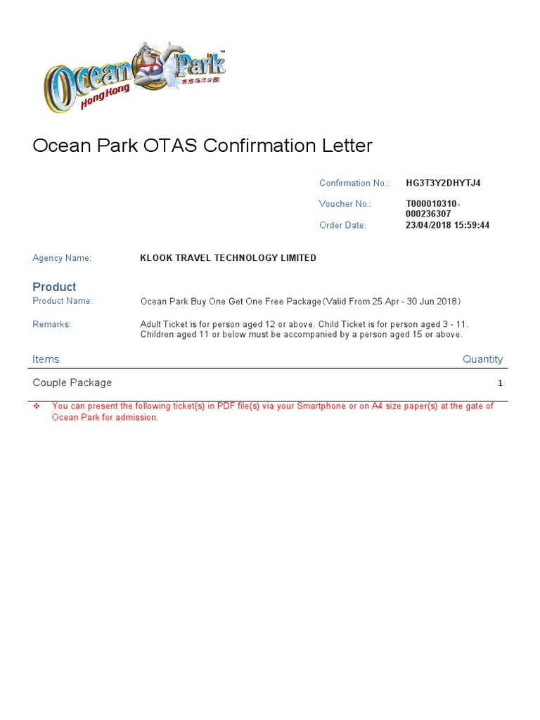 Ocean Park OTAS Confirmation Letter: Product | PDF | Qr Code | Business