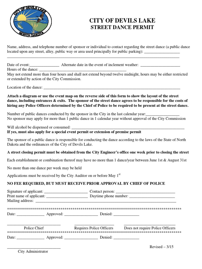 City of Devils Lake: Street Dance Permit | PDF | Government | Justice