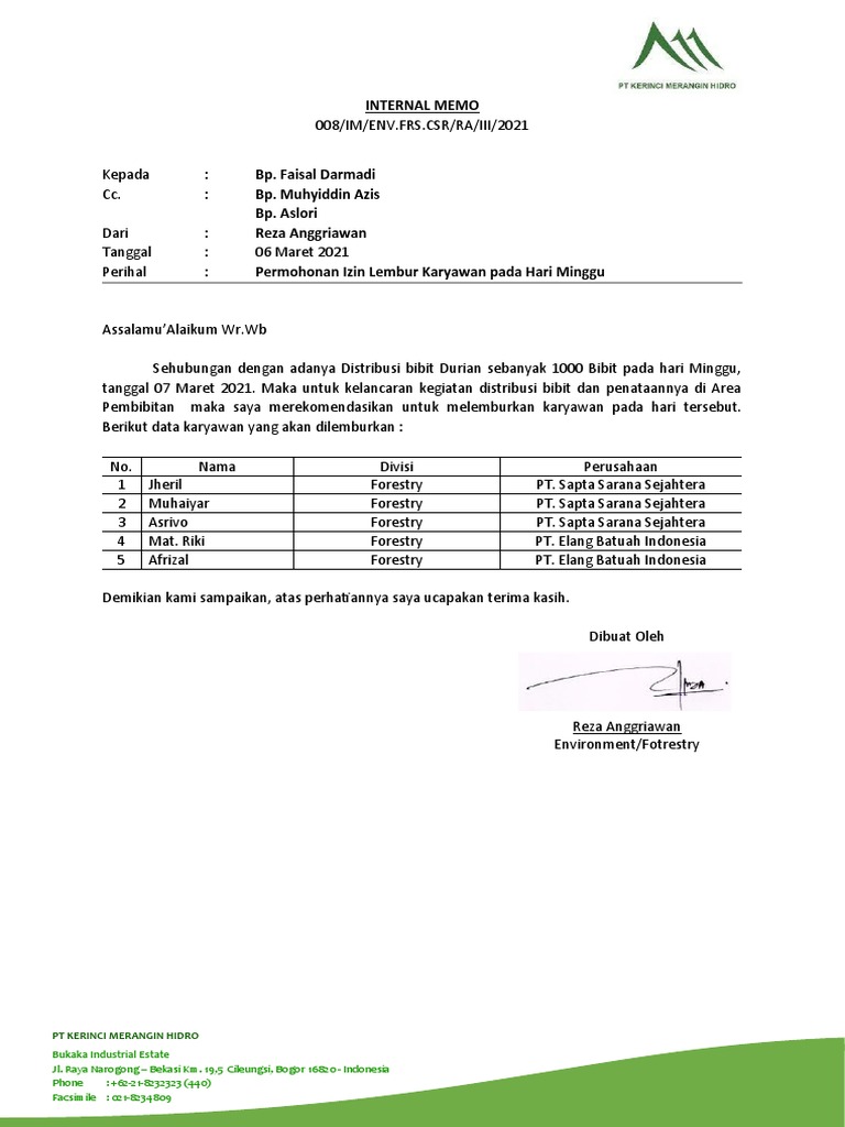 Internal Memo Lembur Forestry | PDF