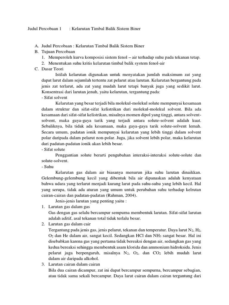 Laporan Praktikum Kelarutan Timbal Balik Sistem Biner | PDF