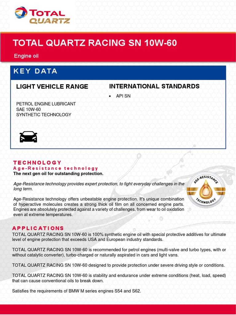 Total Quartz Racing SN 10W-60: Key Data | PDF | Motor Oil | Chemistry