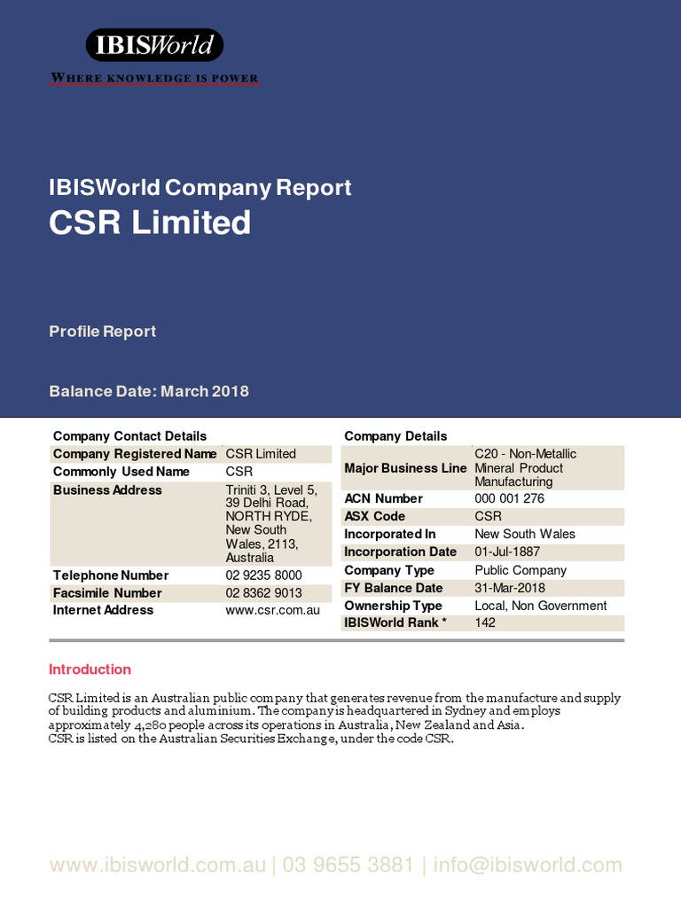 CSR Limited: Ibisworld Company Report | PDF | Income Statement | Business