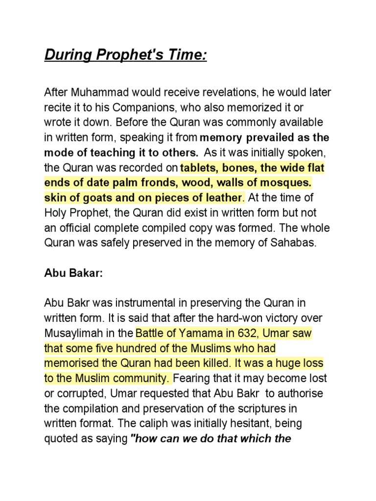 Compilation of Quran During Uthman's and Abu Bakar's Caliphate | PDF ...
