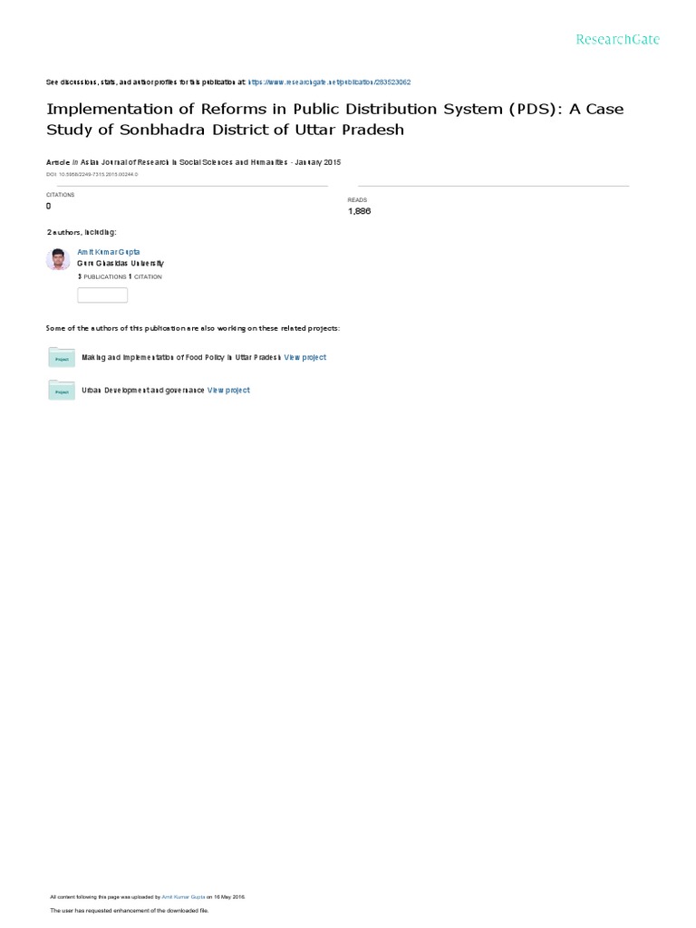 Implementation of Reforms in Public Distribution System (PDS) : A Case ...