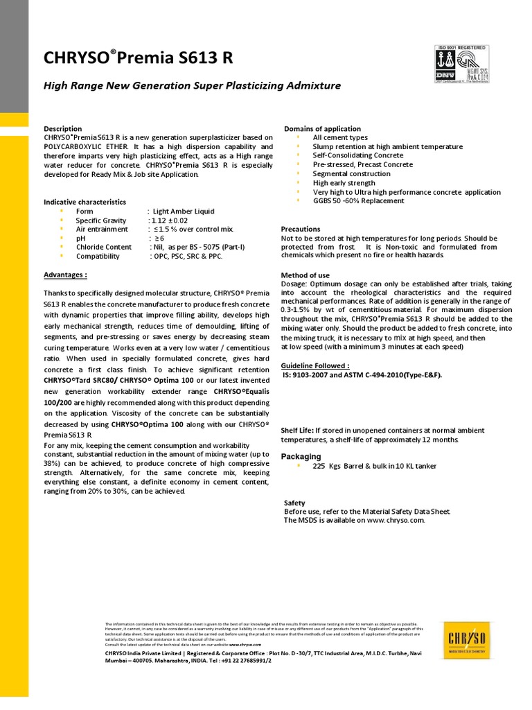 TDS Chryso Premia S613R | Download Free PDF | Concrete | Civil Engineering