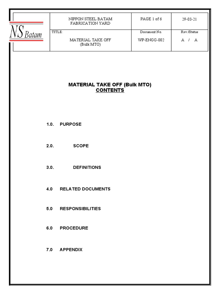 Bulk Material Take Off Procedure | PDF | Specification (Technical ...