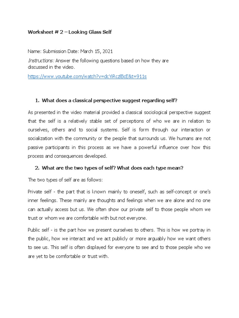Worksheet # 2 - Looking Glass Self | PDF | Self Esteem | Self