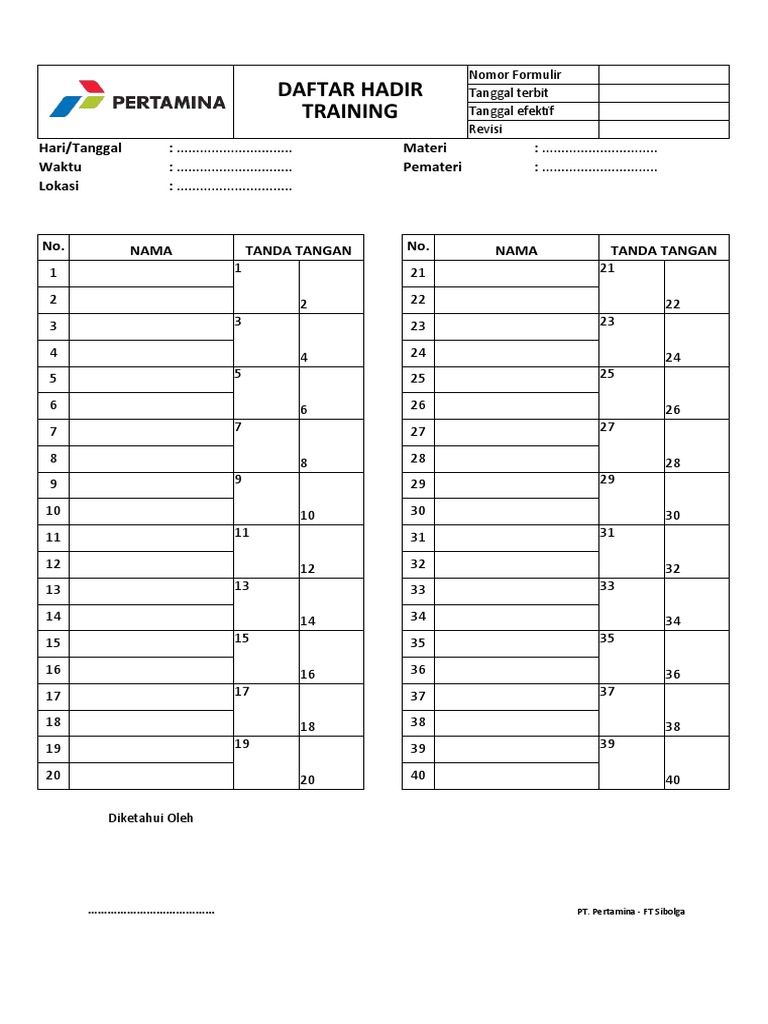 Daftar Hadir Pelatihan dan Rapat di PT. Pertamina - FT Sibolga | PDF