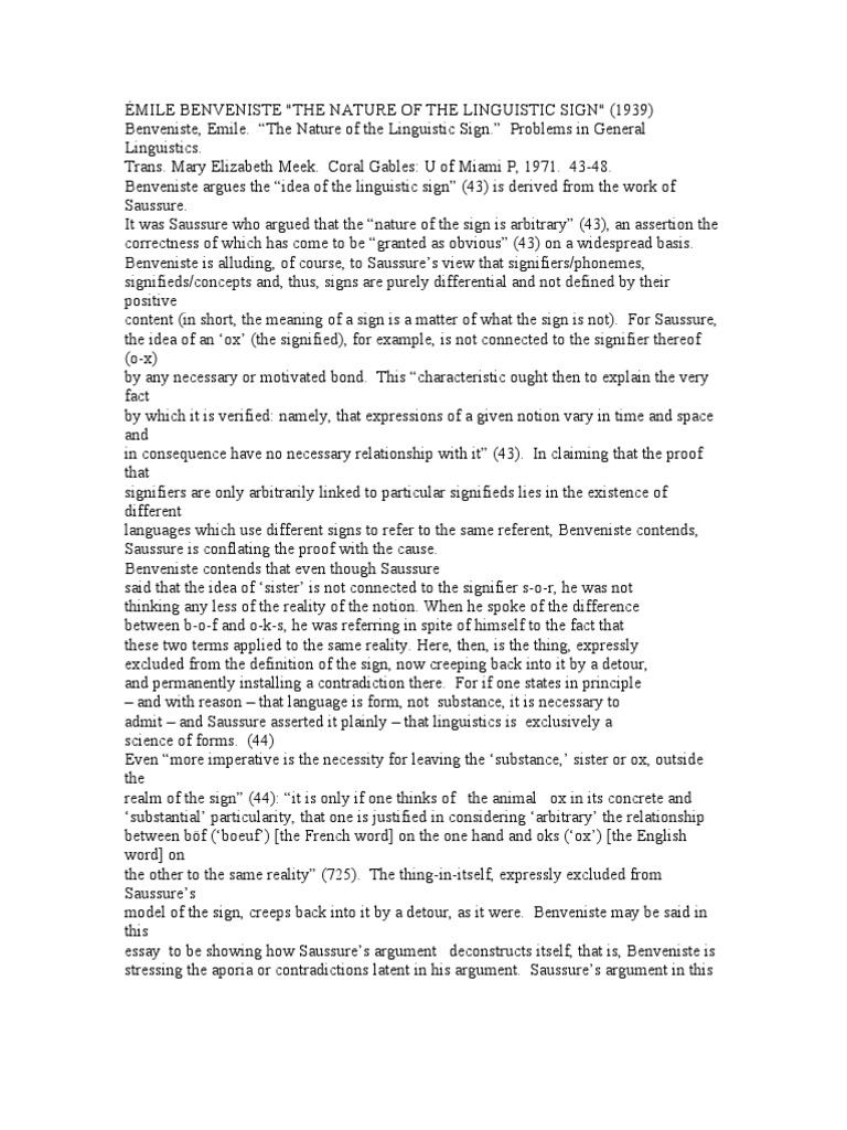 ÉMILE BENVENISTE | PDF | Representation (Arts) | Linguistics