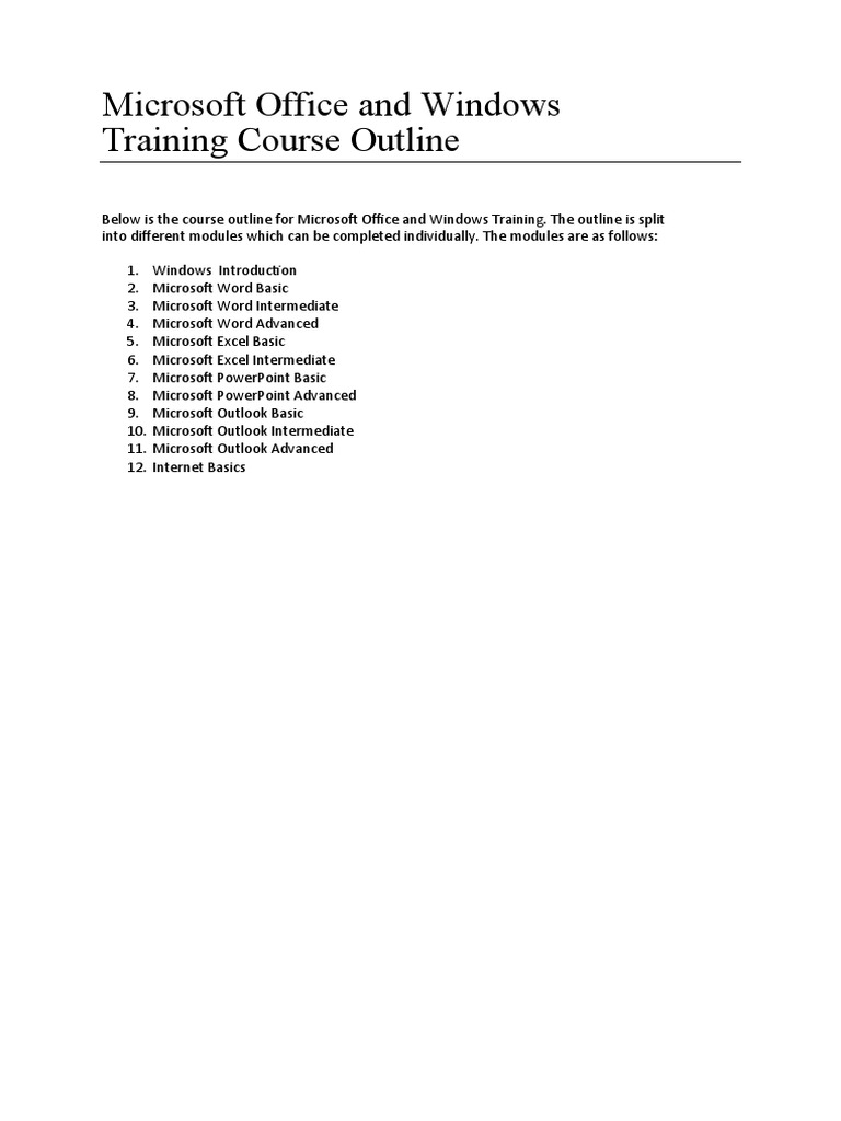 Microsoft Office And Windows Training Course Outline Pdf Microsoft
