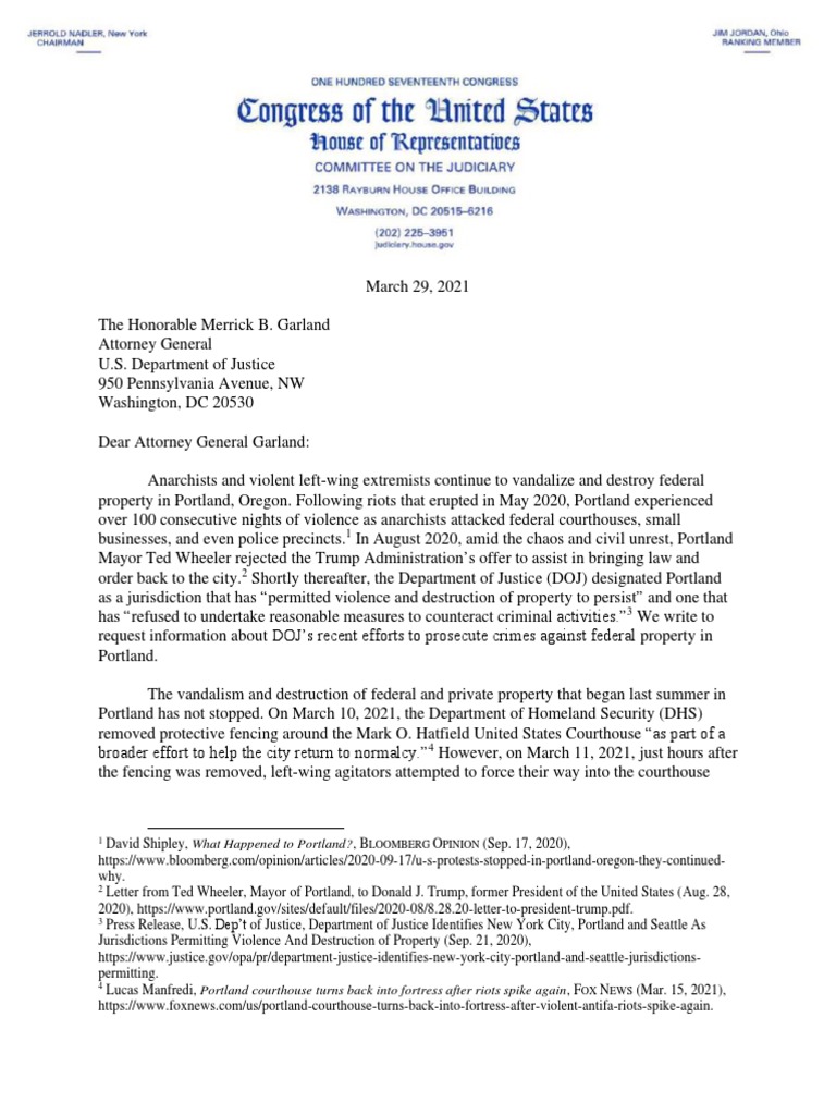 Rep. Jim Jordan Letter To Garland | PDF | United States Department Of ...