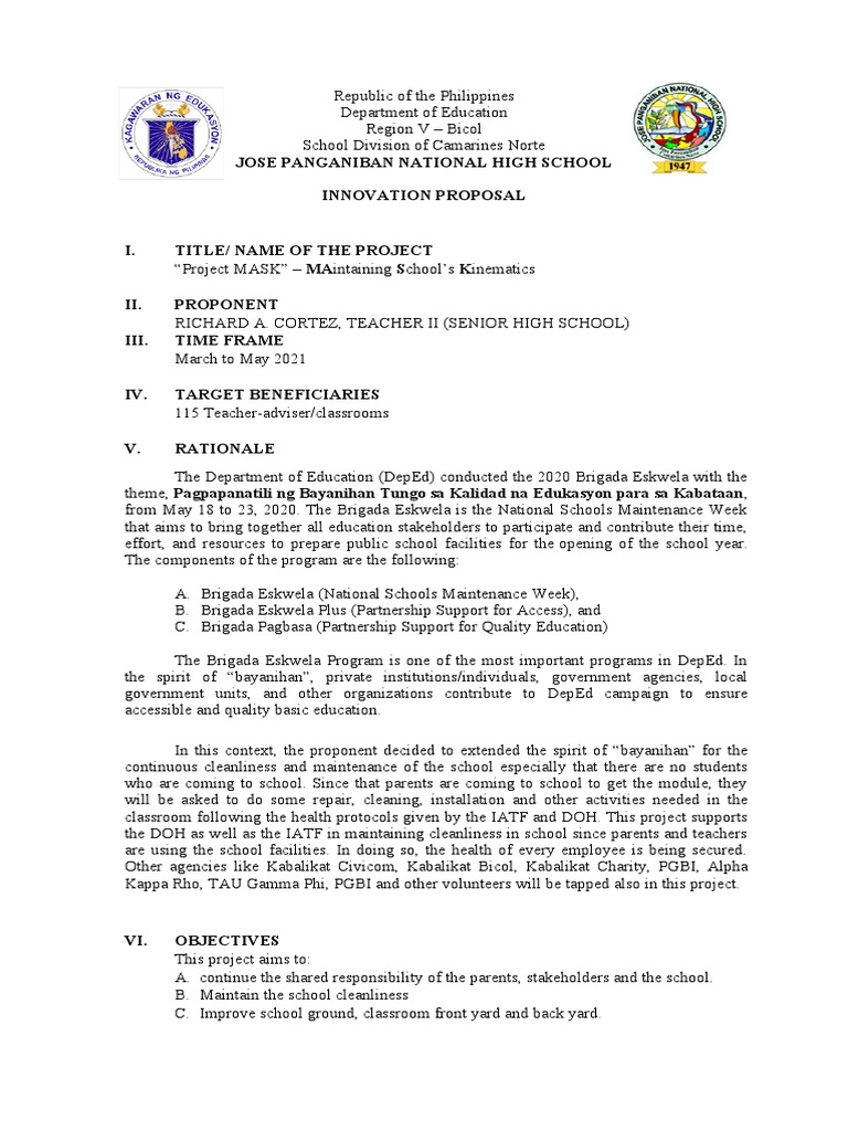 Project MASK: Brigada Eskwela Plus Proposal | PDF