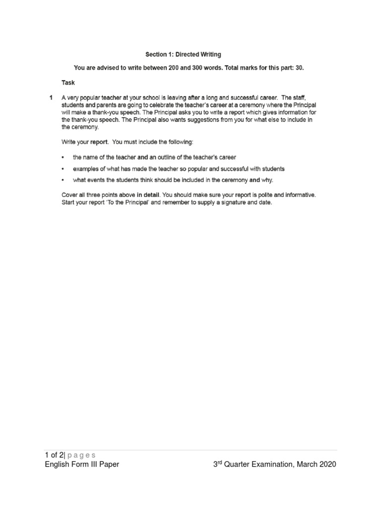 Pages: 1 of 2 - English Form III Paper 3 Quarter Examination, March ...