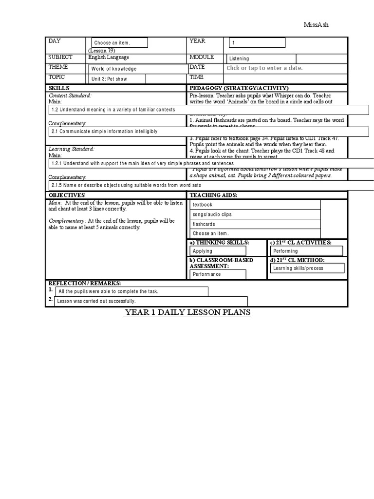 Year 1 Daily Lesson Plans: Skills Pedagogy (Strategy/Activity) | PDF ...