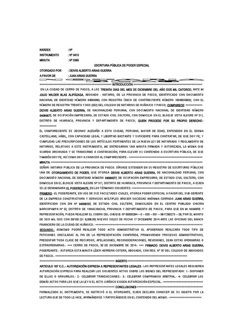 Escritura de Poder Especial Con Minuta Liz Amparo Vega Soto A Luis ...