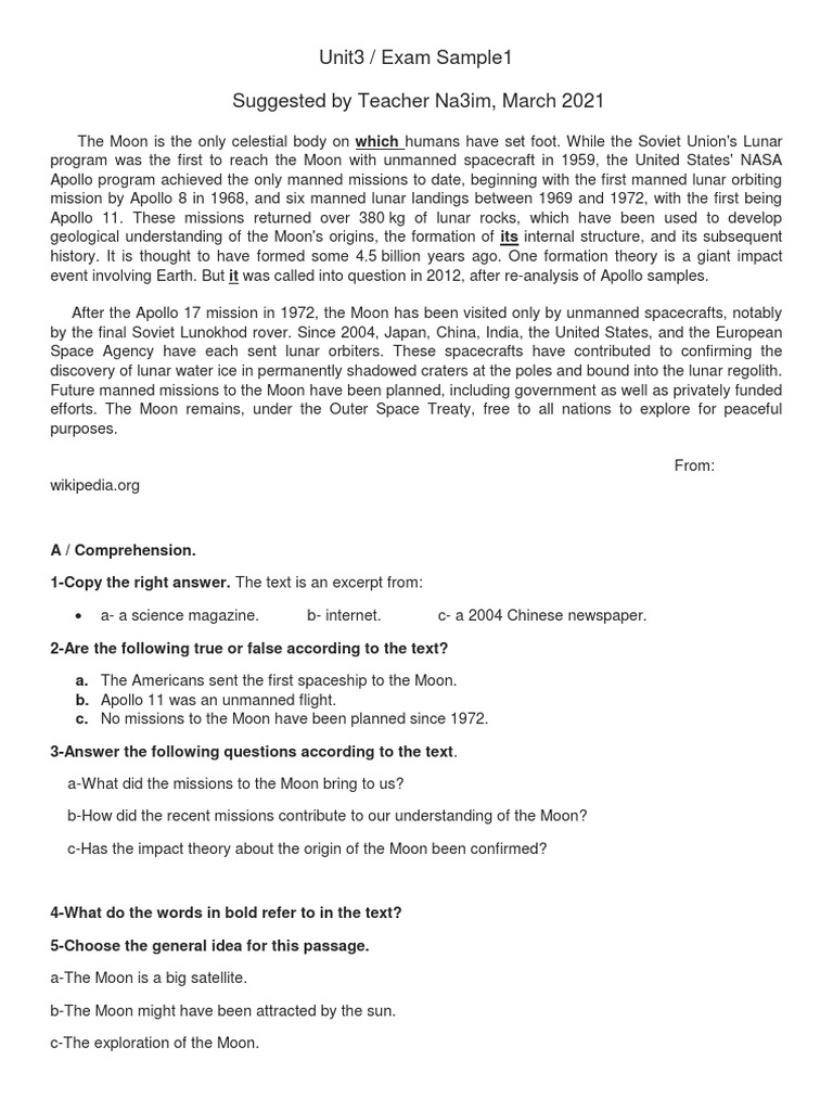 Exam Sample 1: The Moon | PDF | Moon Landing | Moon