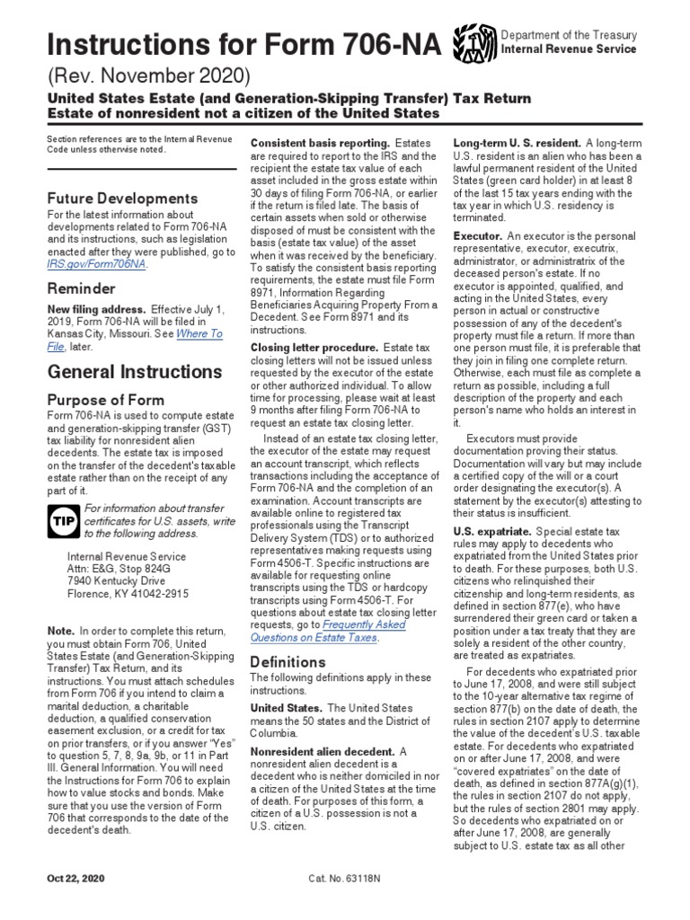 Instructions For Form 706-NA: (Rev. November 2020) | PDF | Estate Tax ...