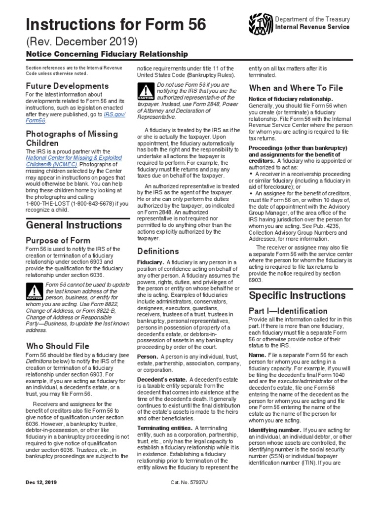Instructions For Form 56: (Rev. December 2019) | PDF | Internal Revenue ...