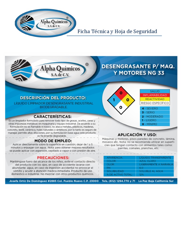 Ficha Tecnica Desengrasante Industrial | PDF | Agua | Sustancias químicas