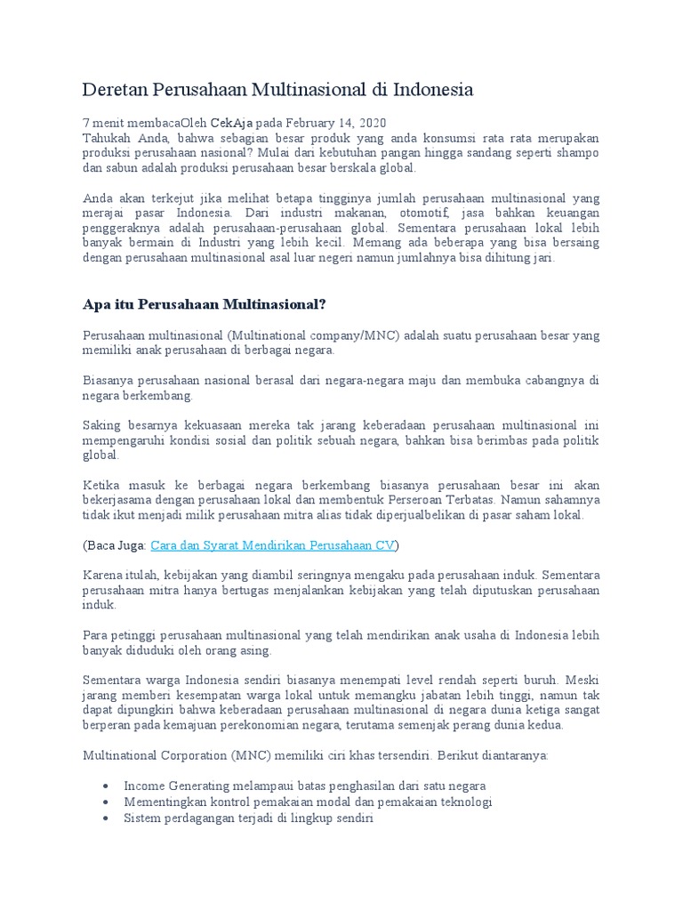 Deretan Perusahaan Multinasional Di Indonesia | PDF