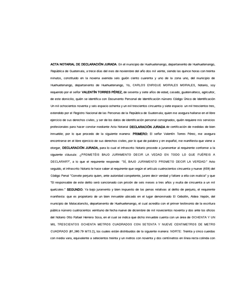 ACTA NOTARIAL de Declaracion Jurada VALENTIN TORRES PEREZ ESC. OTTO RAFAEL HERRERA | PDF ...