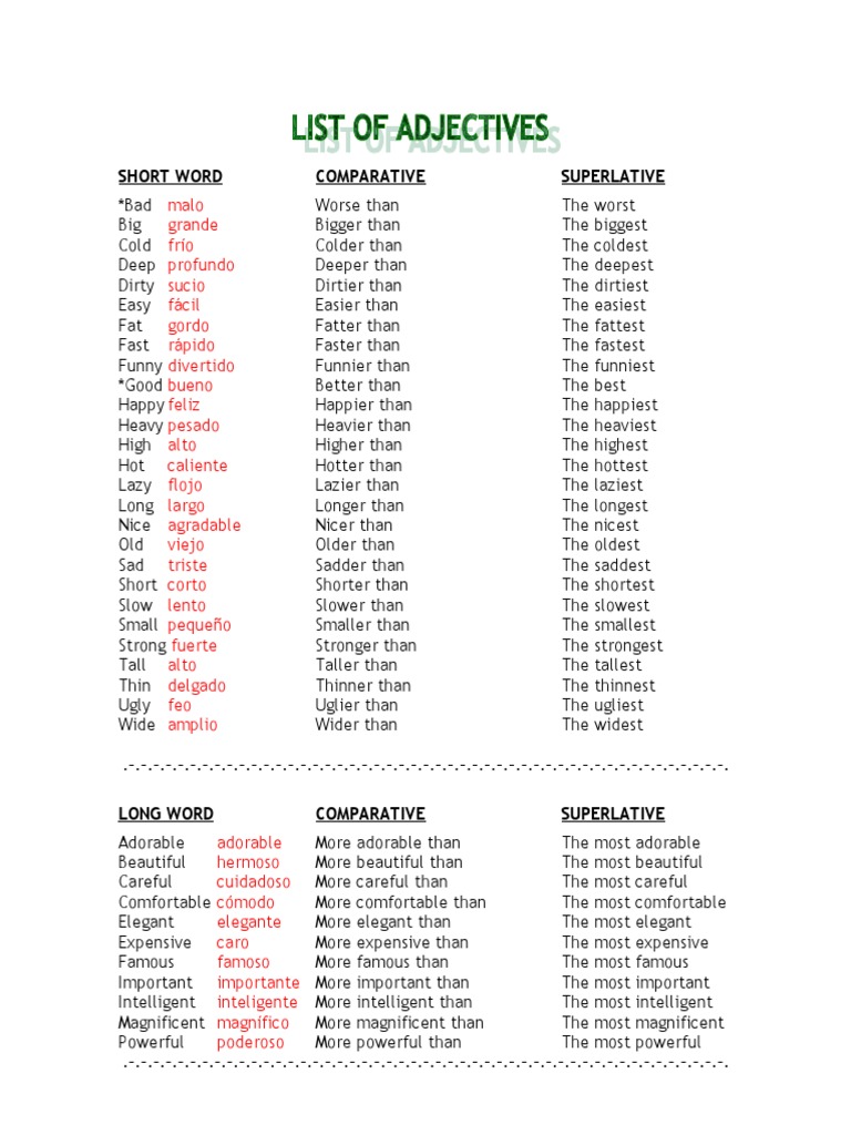 Comparative Adjectives List